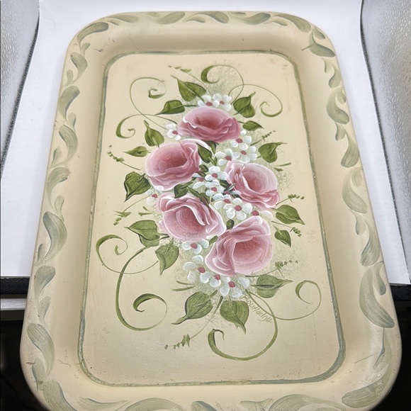 Hand Crafted | Dining | Vintage Hand Painted Metal Tray Floral Cream ...